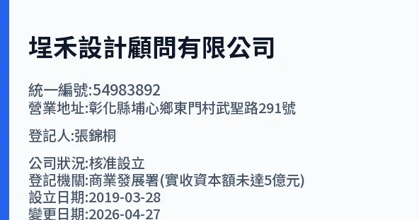 埕禾設計顧問有限公司的照片-統編 54983892(彰化縣) 公司登記資料與營業項目詳細圖表