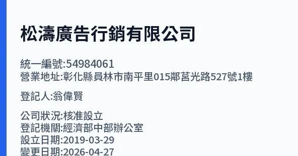 松濤廣告行銷有限公司的照片-統編 54984061(彰化縣) 公司登記資料與營業項目詳細圖表