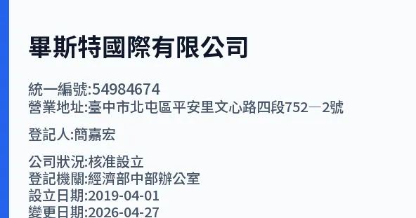 畢斯特國際有限公司的照片-統編 54984674(臺中市) 公司登記資料與營業項目詳細圖表