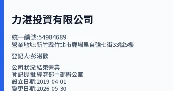 力湛投資有限公司的照片-統編 54984689(新竹縣) 公司登記資料與營業項目詳細圖表