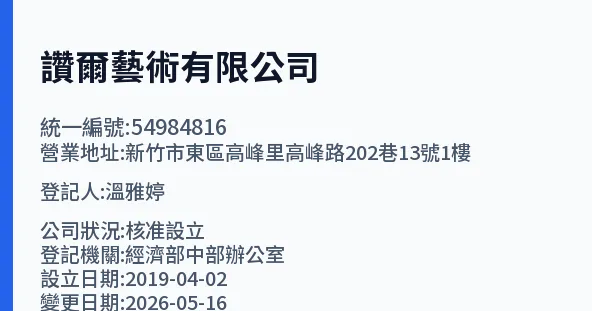 讚爾藝術有限公司的照片-統編 54984816(新竹市) 公司登記資料與營業項目詳細圖表