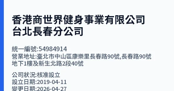 香港商世界健身事業有限公司台北長春分公司的照片-統編 54984914(臺北市) 公司登記資料與營業項目詳細圖表