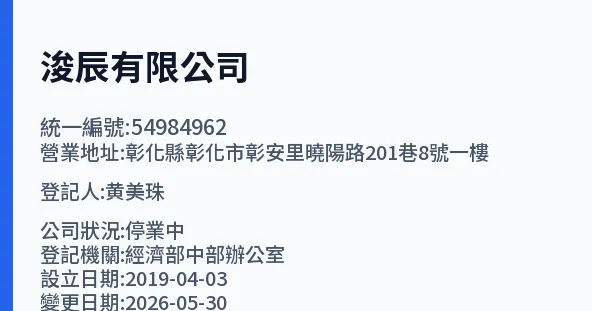 浚辰有限公司的照片-統編 54984962(彰化縣) 公司登記資料與營業項目詳細圖表
