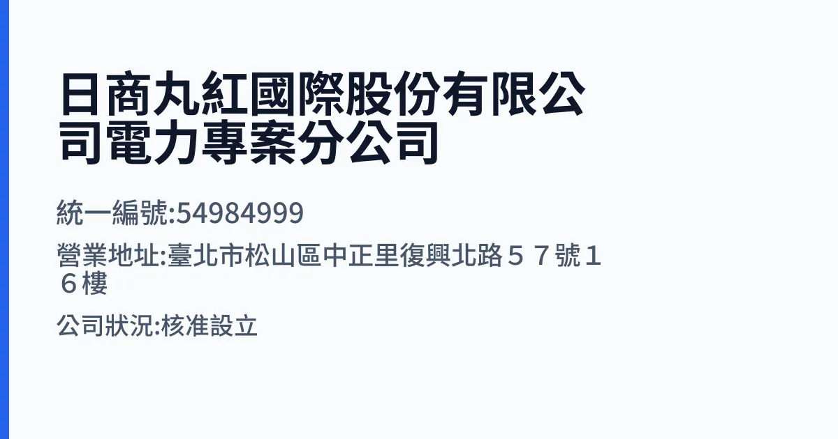 日商丸紅國際股份有限公司電力專案分公司 - 統編 54984999(臺北市) 公司登記資料與營業項目詳細圖表