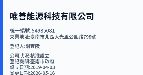 唯善能源科技有限公司的照片-統編 54985081(臺南市) 公司登記資料與營業項目詳細圖表