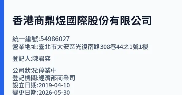 香港商鼎煜國際股份有限公司的照片-統編 54986027(臺北市) 公司登記資料與營業項目詳細圖表
