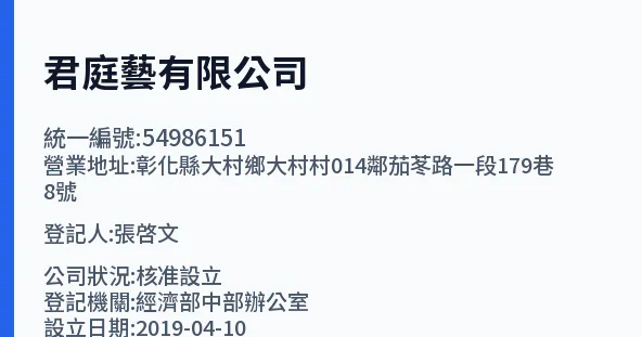 君庭藝有限公司的照片-統編 54986151(彰化縣) 公司登記資料與營業項目詳細圖表