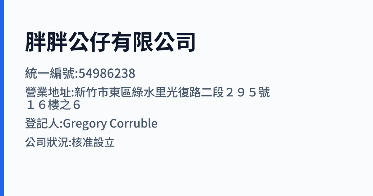 胖胖公仔有限公司 - 統編 54986238(新竹市) 公司登記資料與營業項目詳細圖表