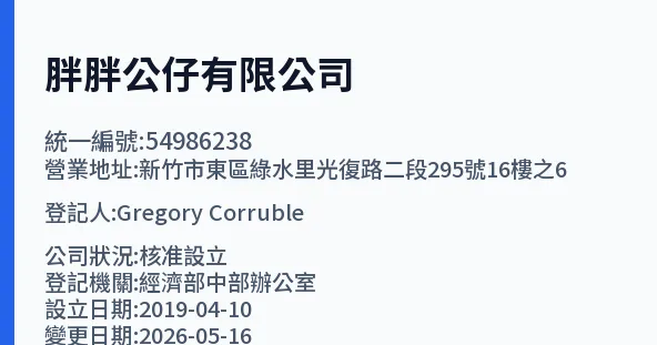 胖胖公仔有限公司的照片-統編 54986238(新竹市) 公司登記資料與營業項目詳細圖表