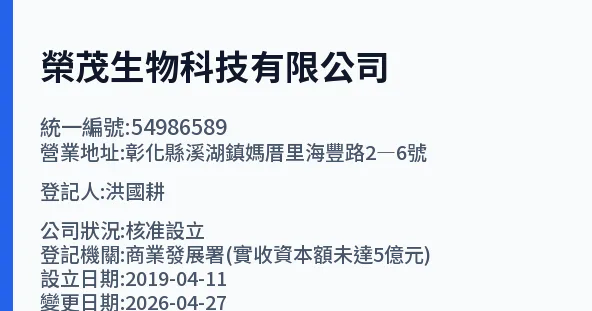 榮茂生物科技有限公司的照片-統編 54986589(彰化縣) 公司登記資料與營業項目詳細圖表