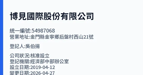 博見國際股份有限公司的照片-統編 54987068(金門縣) 公司登記資料與營業項目詳細圖表