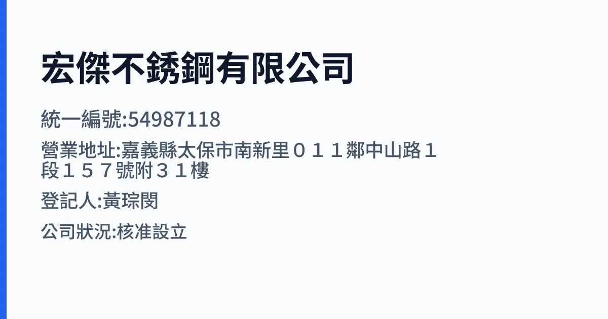 宏傑不銹鋼有限公司 - 統編 54987118(嘉義縣) 公司登記資料與營業項目詳細圖表