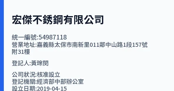 宏傑不銹鋼有限公司的照片-統編 54987118(嘉義縣) 公司登記資料與營業項目詳細圖表