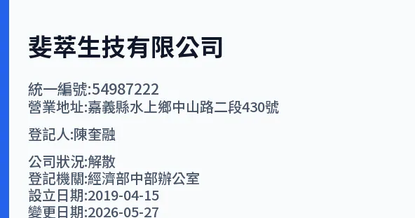 斐萃生技有限公司的照片-統編 54987222(嘉義縣) 公司登記資料與營業項目詳細圖表