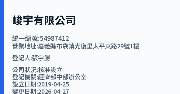 峻宇有限公司的照片-統編 54987412(嘉義縣) 公司登記資料與營業項目詳細圖表