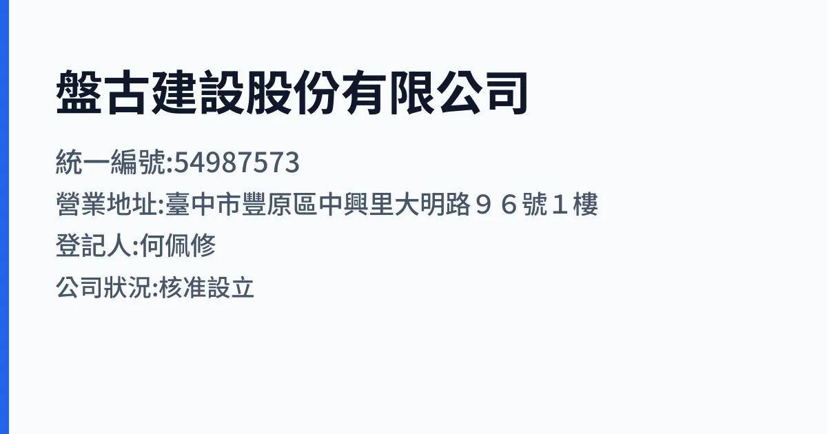 盤古建設股份有限公司 - 統編 54987573(臺中市) 公司登記資料與營業項目詳細圖表