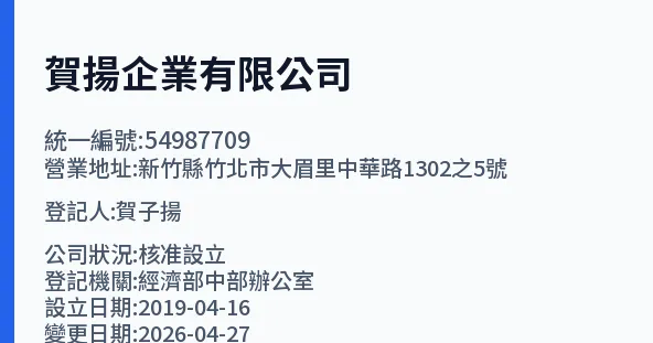 賀揚企業有限公司的照片-統編 54987709(新竹縣) 公司登記資料與營業項目詳細圖表