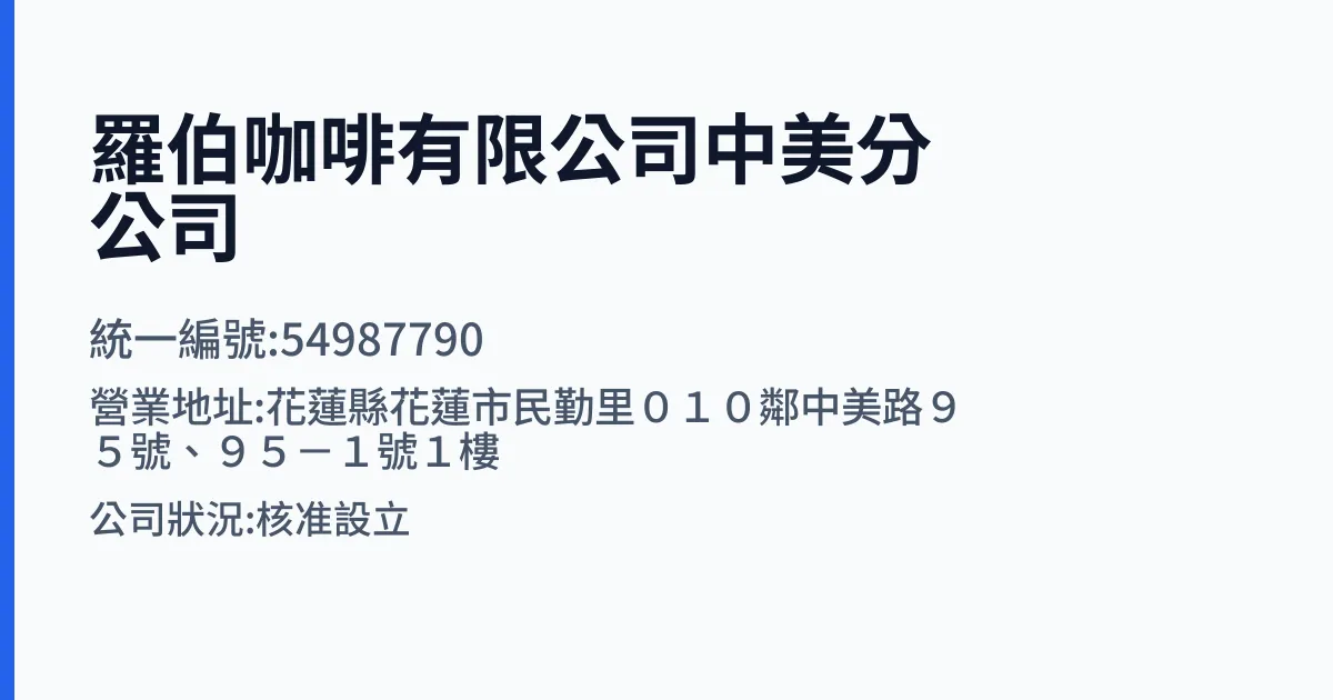 羅伯咖啡有限公司中美分公司 - 統編 54987790(花蓮縣) 公司登記資料與營業項目詳細圖表