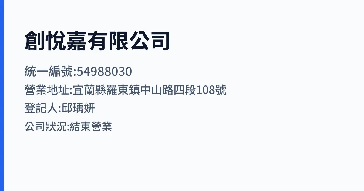 創悅嘉有限公司 - 統編 54988030(宜蘭縣) 公司登記資料與營業項目詳細圖表