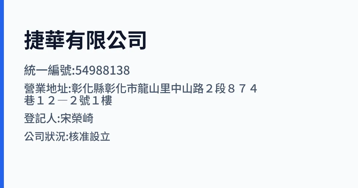 捷華有限公司 - 統編 54988138(彰化縣) 公司登記資料與營業項目詳細圖表