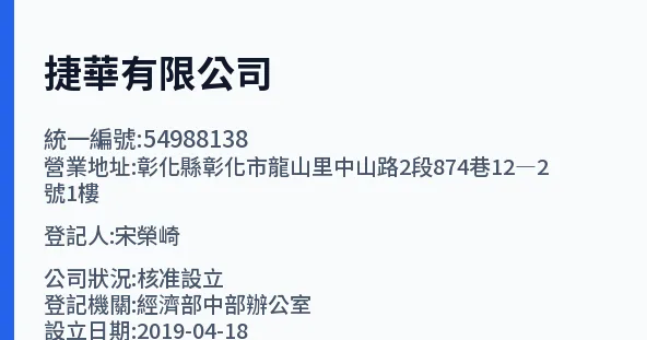 捷華有限公司的照片-統編 54988138(彰化縣) 公司登記資料與營業項目詳細圖表
