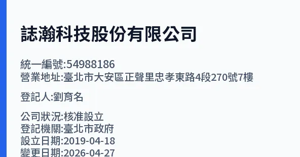 誌瀚科技股份有限公司的照片-統編 54988186(臺北市) 公司登記資料與營業項目詳細圖表