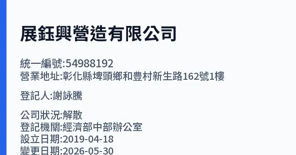 展鈺興營造有限公司的照片-統編 54988192(彰化縣) 公司登記資料與營業項目詳細圖表