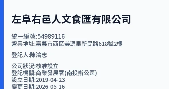 左阜右邑人文食匯有限公司的照片-統編 54989116(嘉義市) 公司登記資料與營業項目詳細圖表