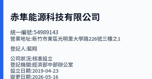 赤隼能源科技有限公司的照片-統編 54989143(新竹市) 公司登記資料與營業項目詳細圖表