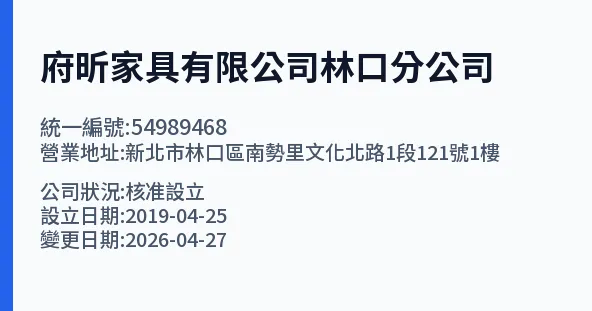 府昕家具有限公司林口分公司的照片-統編 54989468(新北市) 公司登記資料與營業項目詳細圖表