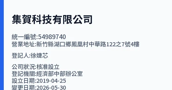 集賀科技有限公司的照片-統編 54989740(新竹縣) 公司登記資料與營業項目詳細圖表