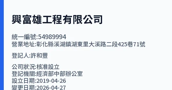 興富雄工程有限公司的照片-統編 54989994(彰化縣) 公司登記資料與營業項目詳細圖表