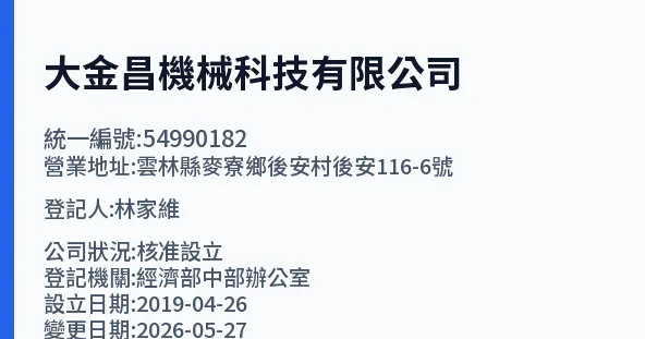 大金昌機械科技有限公司的照片-統編 54990182(雲林縣) 公司登記資料與營業項目詳細圖表