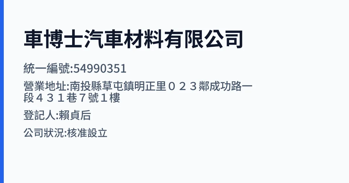 車博士汽車材料有限公司 - 統編 54990351(南投縣) 公司登記資料與營業項目詳細圖表