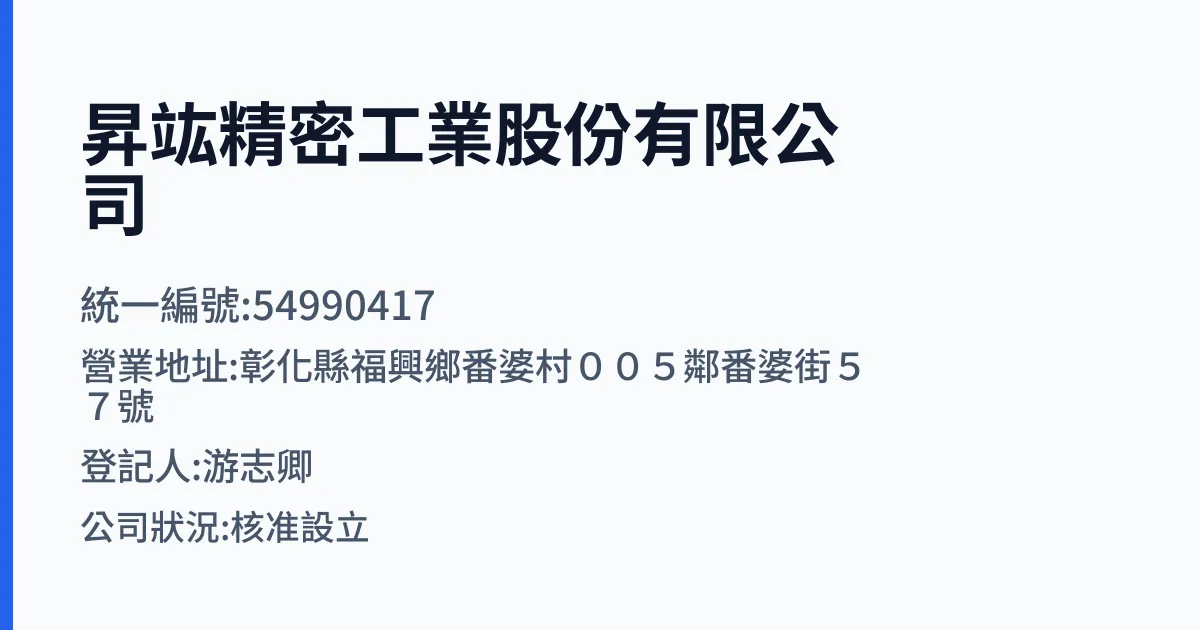 昇竑精密工業股份有限公司 - 統編 54990417(彰化縣) 公司登記資料與營業項目詳細圖表