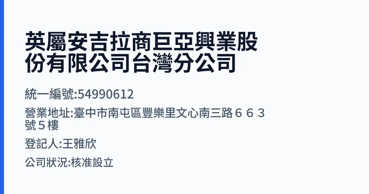 英屬安吉拉商巨亞興業股份有限公司台灣分公司 - 統編 54990612(臺中市) 公司登記資料與營業項目詳細圖表