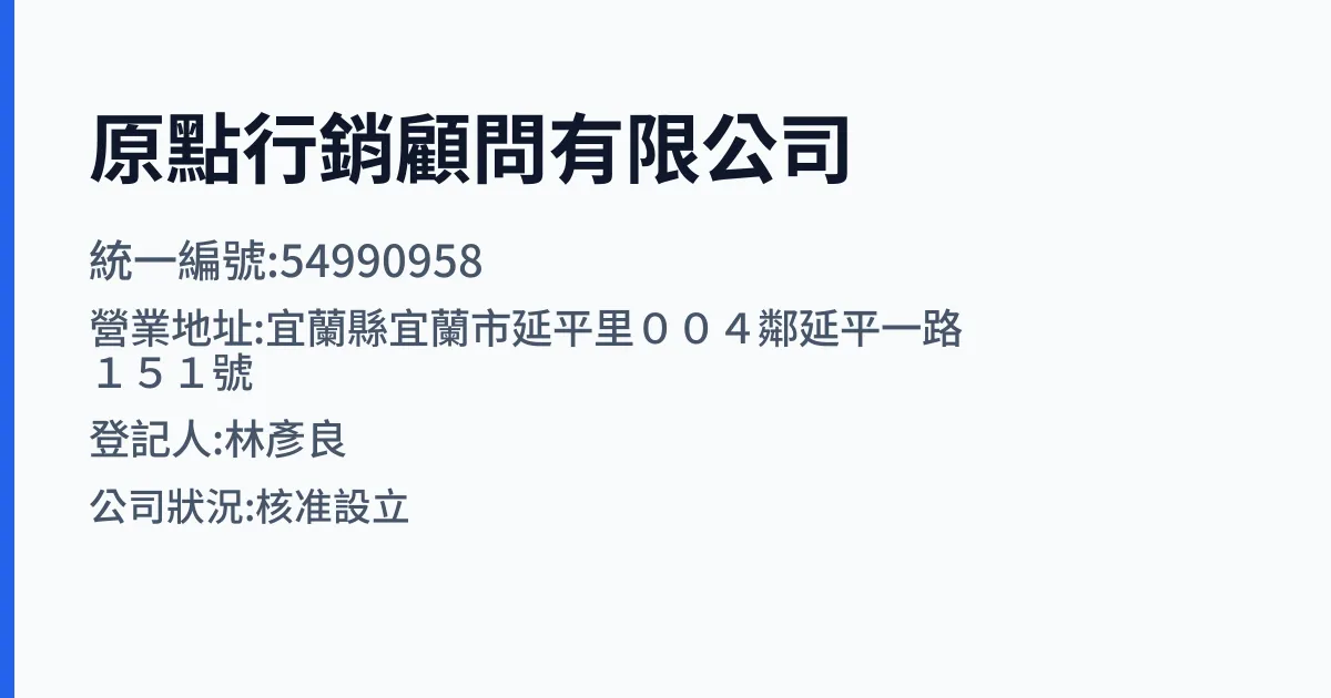 原點行銷顧問有限公司 - 統編 54990958(宜蘭縣) 公司登記資料與營業項目詳細圖表