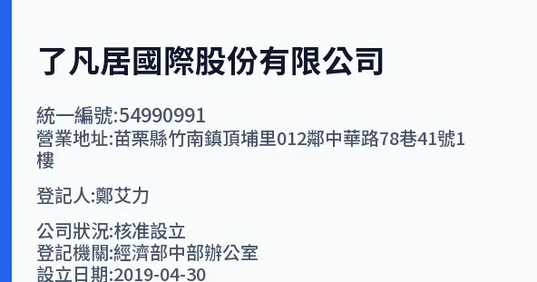 了凡居國際股份有限公司的照片-統編 54990991(苗栗縣) 公司登記資料與營業項目詳細圖表