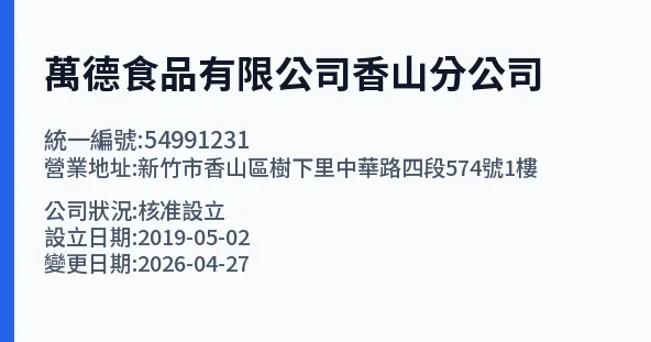 萬德食品有限公司香山分公司的照片-統編 54991231(新竹市) 公司登記資料與營業項目詳細圖表
