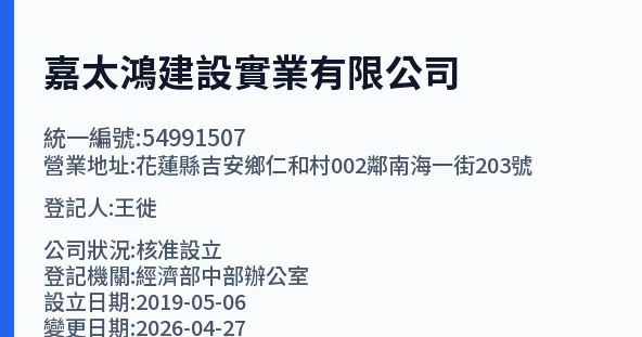 嘉太鴻建設實業有限公司的照片-統編 54991507(花蓮縣) 公司登記資料與營業項目詳細圖表