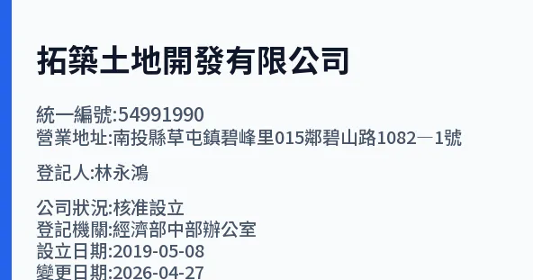 拓築土地開發有限公司的照片-統編 54991990(南投縣) 公司登記資料與營業項目詳細圖表