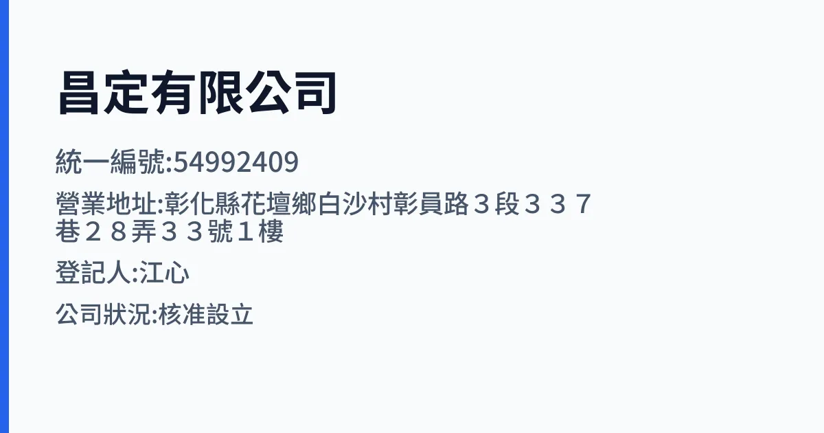 昌定有限公司 - 統編 54992409(彰化縣) 公司登記資料與營業項目詳細圖表