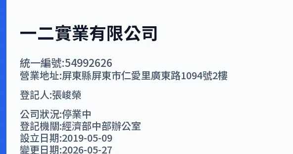 一二實業有限公司的照片-統編 54992626(屏東縣) 公司登記資料與營業項目詳細圖表