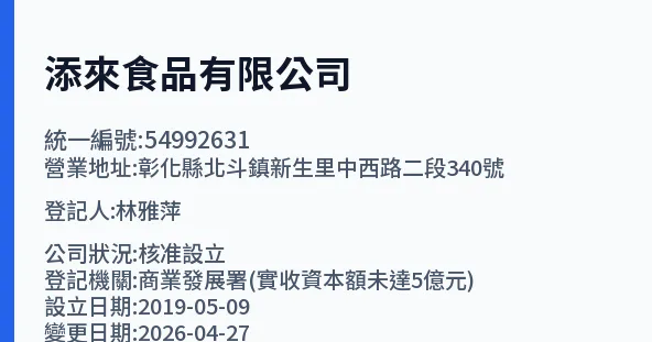 添來食品有限公司的照片-統編 54992631(彰化縣) 公司登記資料與營業項目詳細圖表