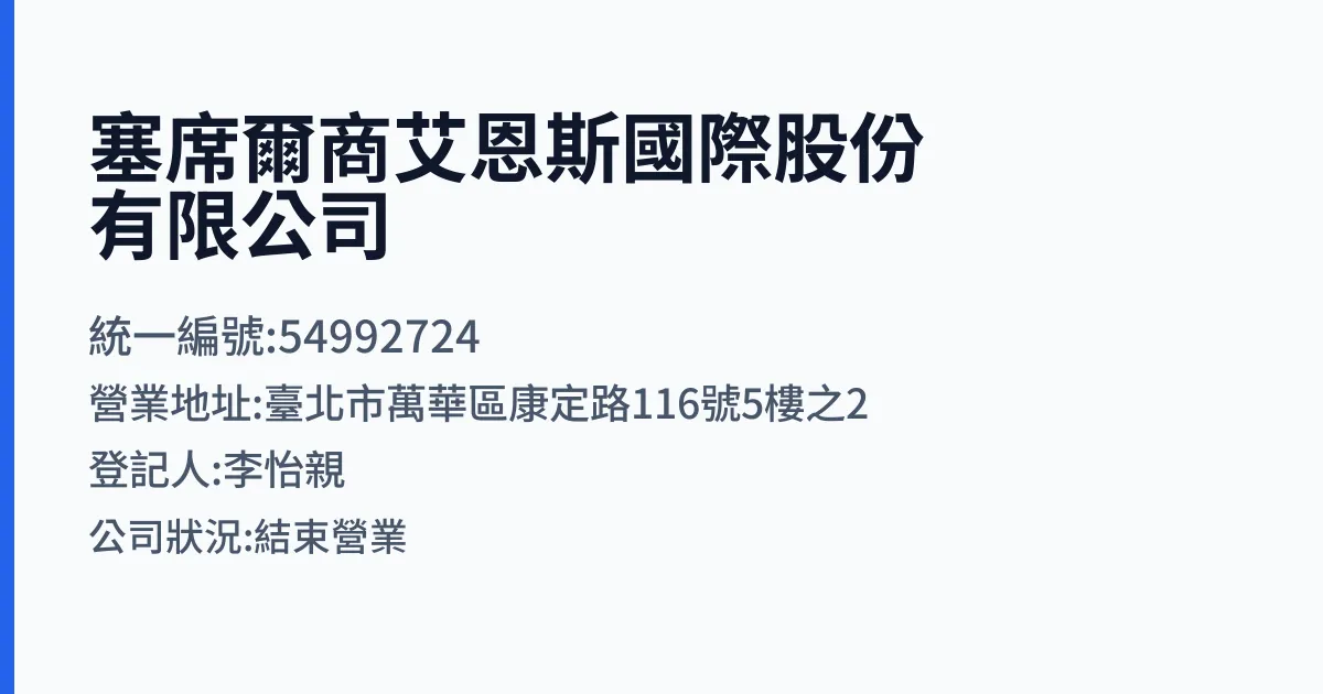 塞席爾商艾恩斯國際股份有限公司 - 統編 54992724(臺北市) 公司登記資料與營業項目詳細圖表