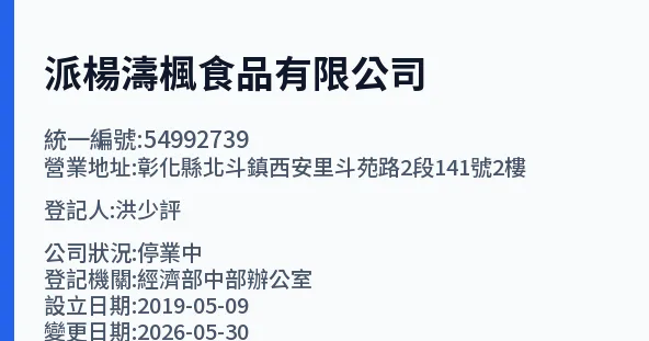 派楊濤楓食品有限公司的照片-統編 54992739(彰化縣) 公司登記資料與營業項目詳細圖表
