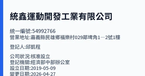 統鑫運動開發工業有限公司的照片-統編 54992766(嘉義縣) 公司登記資料與營業項目詳細圖表