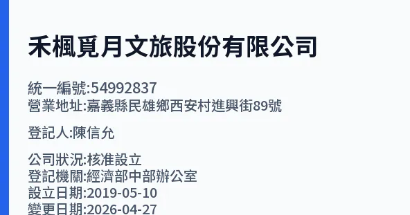 禾楓覓月文旅股份有限公司的照片-統編 54992837(嘉義縣) 公司登記資料與營業項目詳細圖表