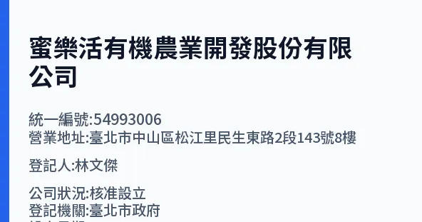 蜜樂活有機農業開發股份有限公司的照片-統編 54993006(臺北市) 公司登記資料與營業項目詳細圖表