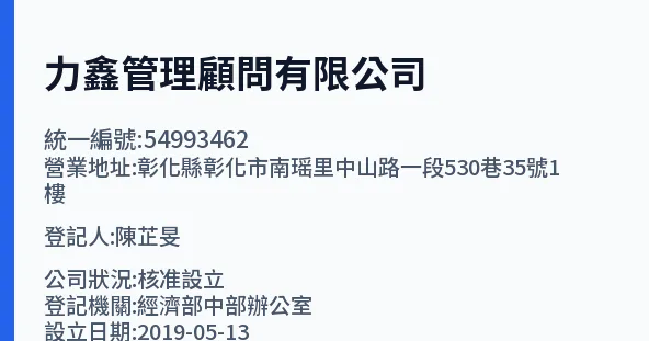 力鑫管理顧問有限公司的照片-統編 54993462(彰化縣) 公司登記資料與營業項目詳細圖表